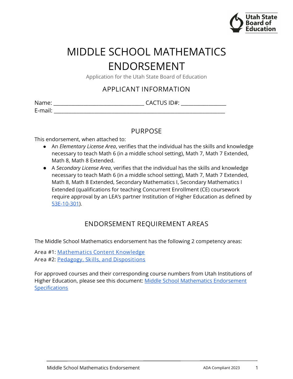 Utah Middle School Mathematics Endorsement Application - Fill Out, Sign ...