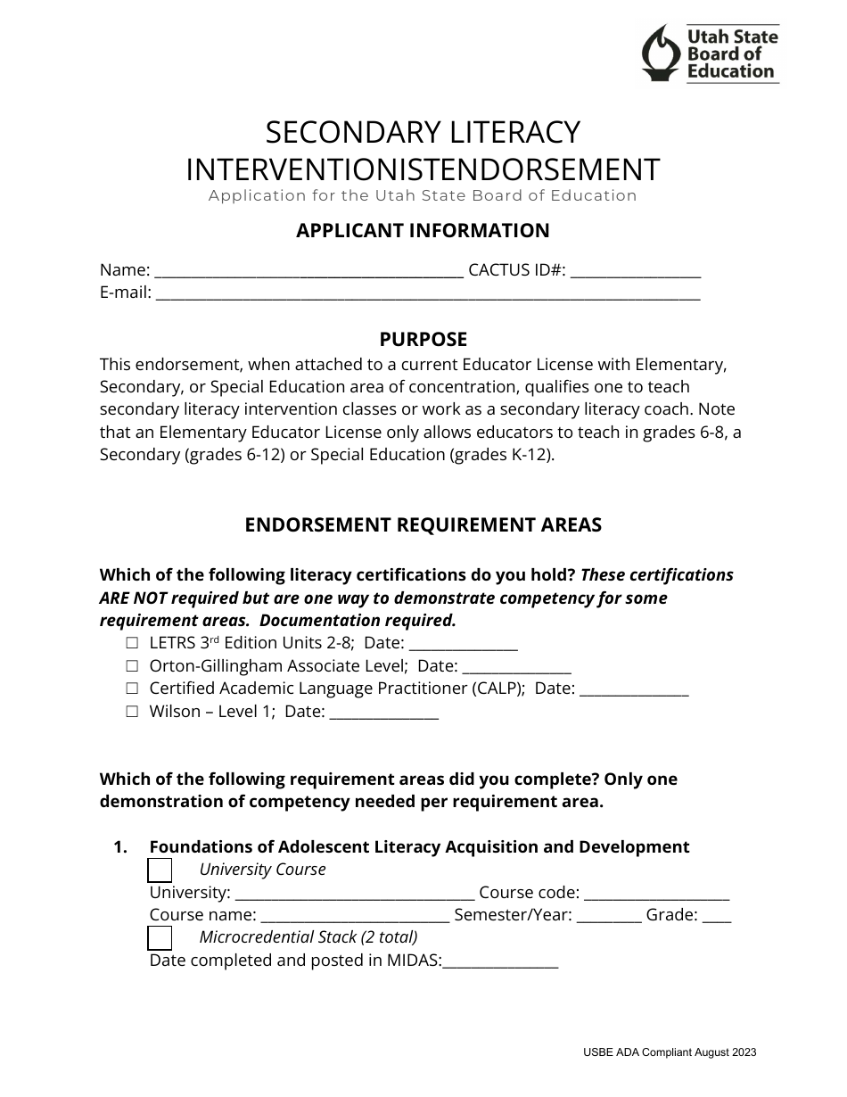 Utah Secondary Literacy Interventionist Endorsement Application - Fill ...