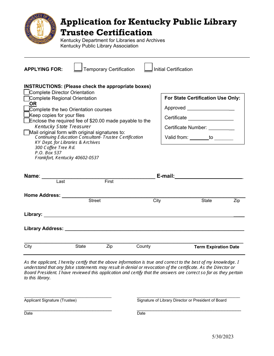 Kentucky Application for Kentucky Public Library Trustee Certification ...