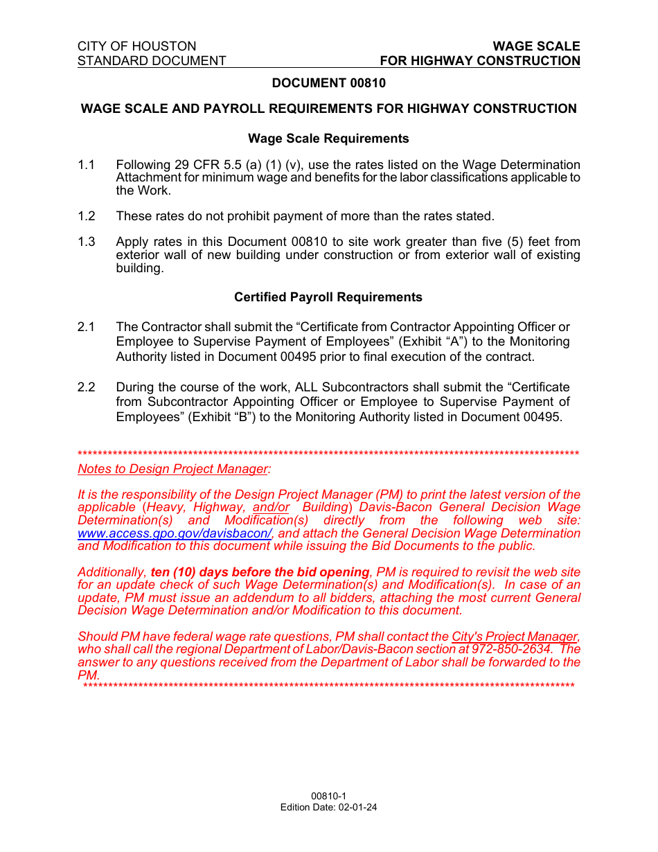 City of Houston, Texas Wage Scale for Highway Construction - Fill Out ...