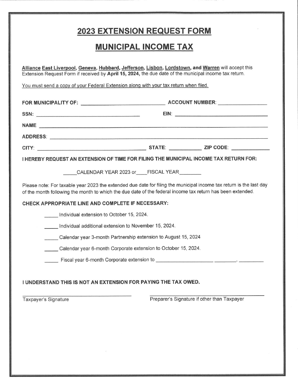 2023 Village of Lordstown, Ohio Extension Request Form - Municipal ...