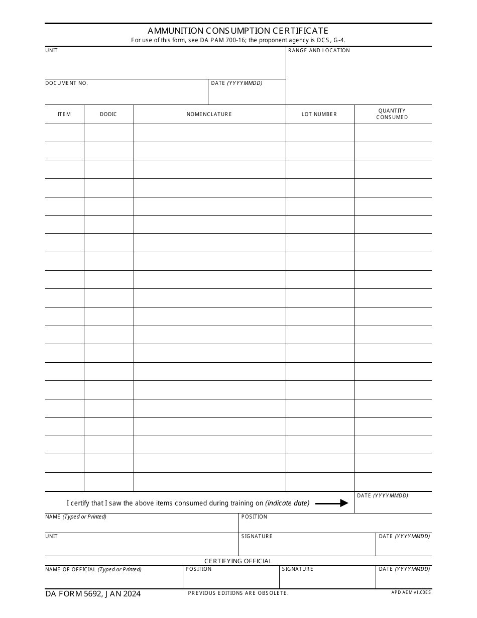 DA Form 5692 Download Fillable PDF or Fill Online Ammunition ...