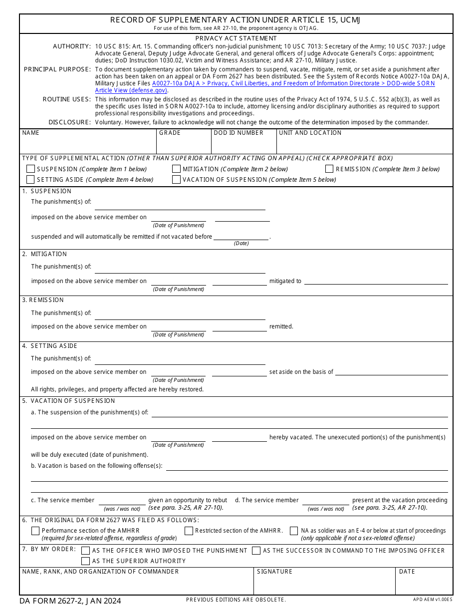 DA Form 2627-2 Download Fillable PDF or Fill Online Record of ...