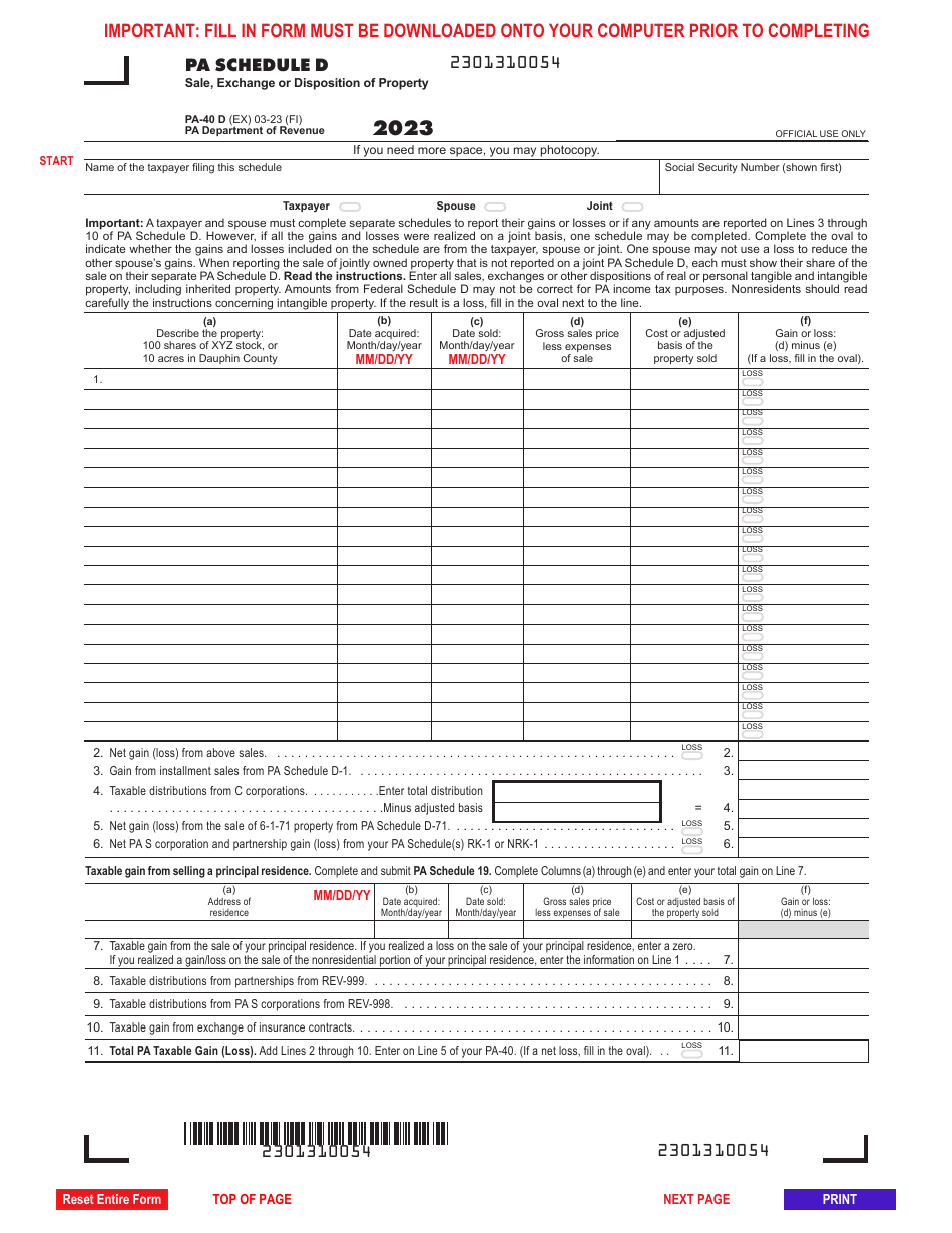 Form PA-40 Schedule D Download Fillable PDF or Fill Online Sale ...