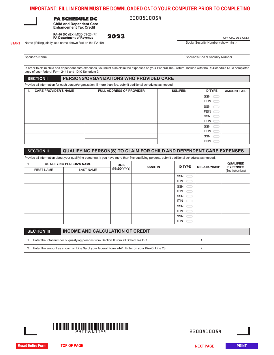 Form PA-40 Schedule DC Download Fillable PDF or Fill Online Child and ...