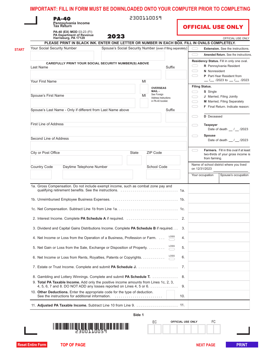 Form PA-40 Download Fillable PDF or Fill Online Pennsylvania Income Tax ...
