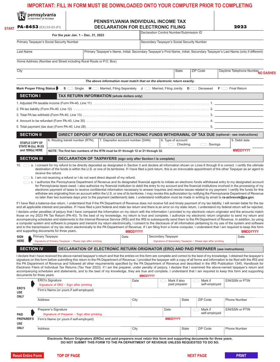 Form PA-8453 Download Fillable PDF or Fill Online Pennsylvania ...
