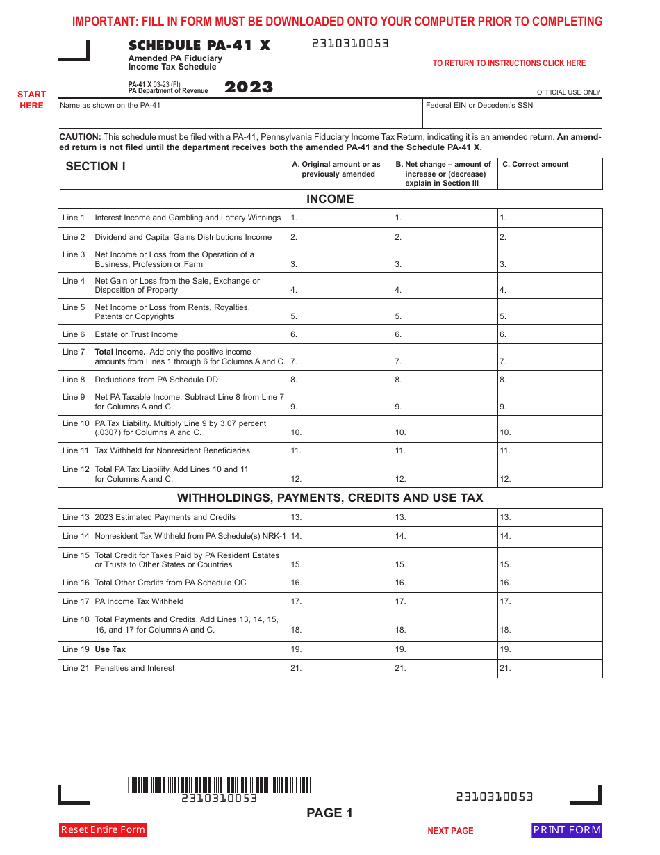 Form PA-41 Schedule X Download Fillable PDF or Fill Online Amended Pa ...