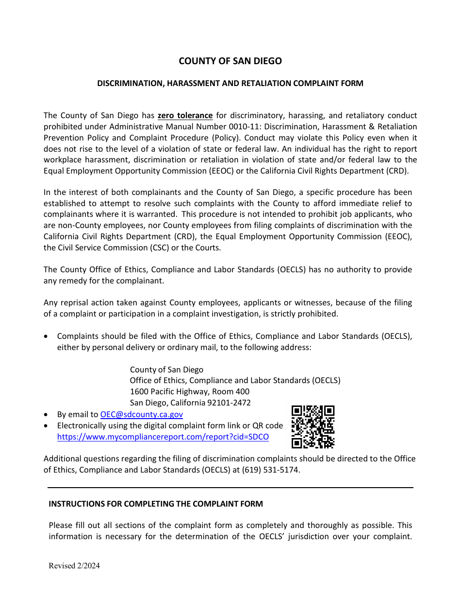 County of San Diego, California Discrimination, Harassment and ...