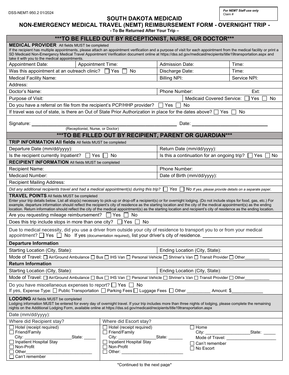 Form DSS-NEMT-950.2 Download Printable PDF or Fill Online South Dakota Medicaid Non-emergency ...