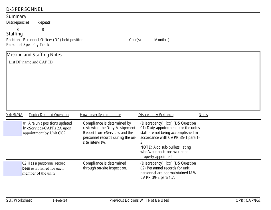 Form D-5 Download Fillable PDF or Fill Online Sui Worksheet - Personnel ...