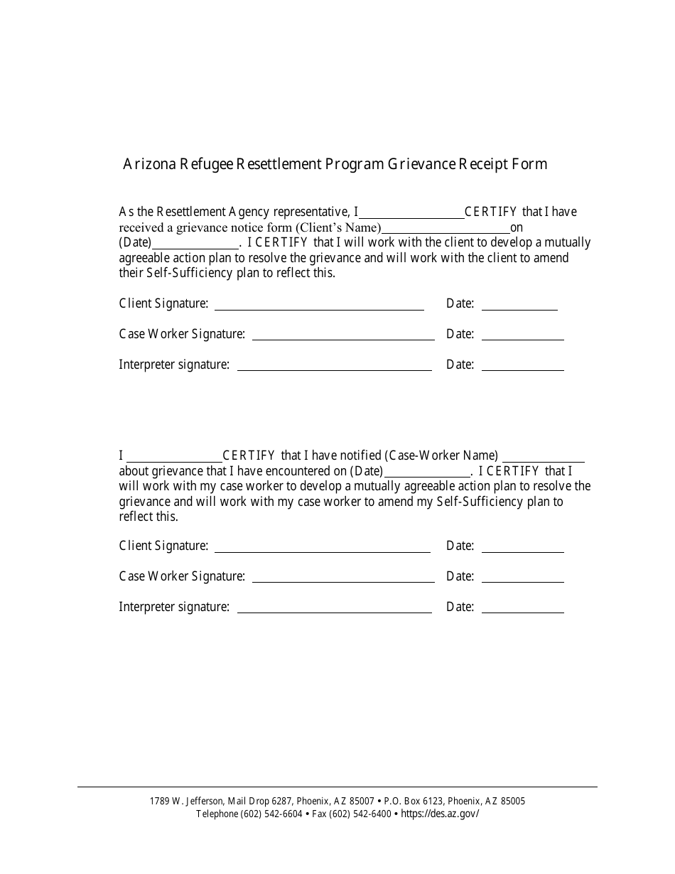 Arizona Grievance Receipt Form - Arizona Refugee Resettlement Program ...