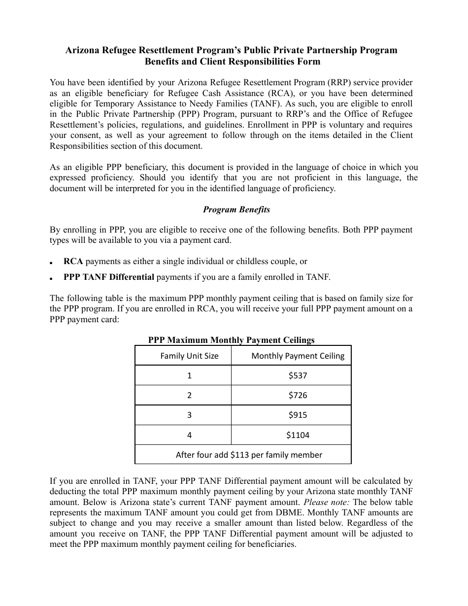 Arizona Benefits and Client Responsibilities Form - Arizona Refugee ...