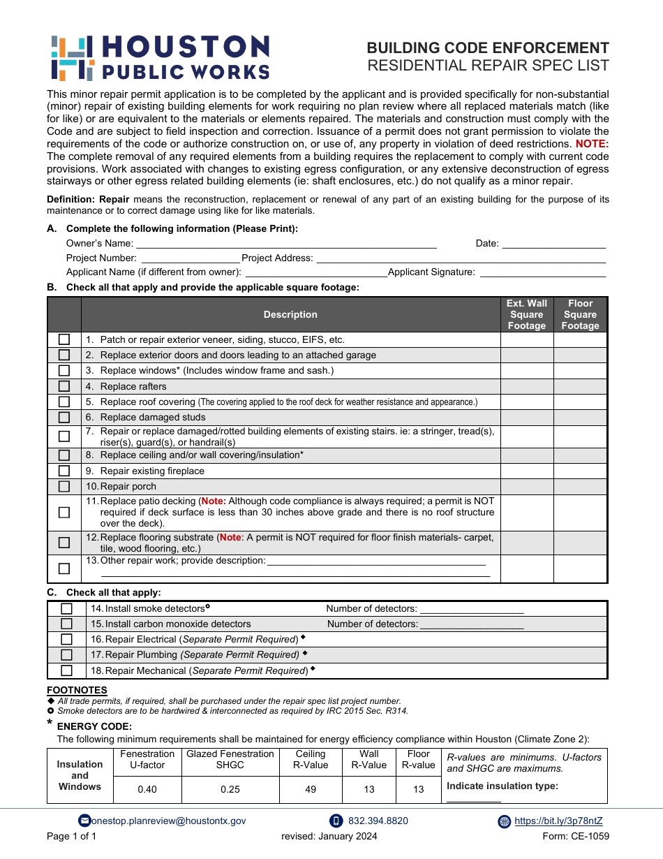 Form CE-1059 Download Fillable PDF or Fill Online Residential Repair ...