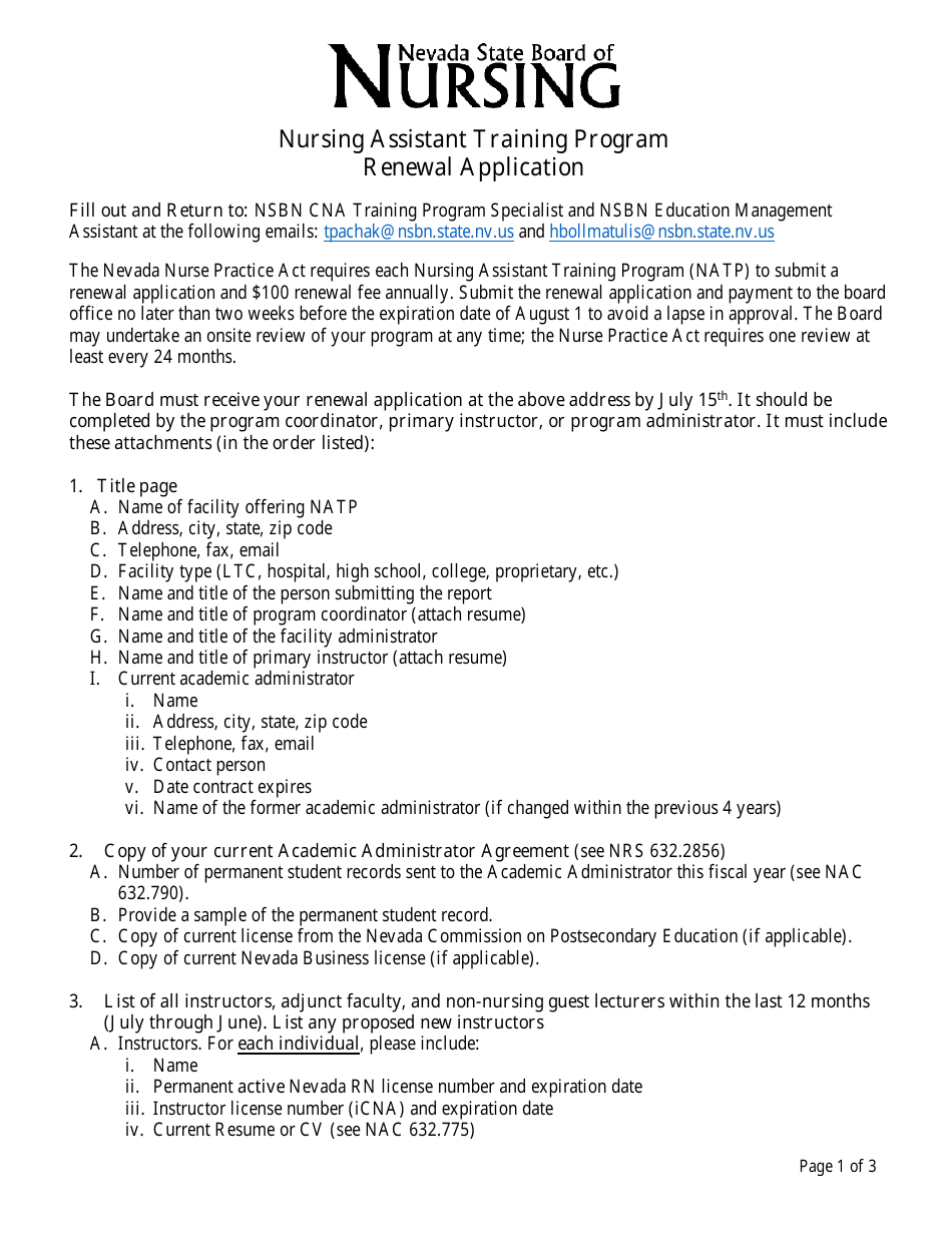 Nevada Nursing Assistant Training Program Renewal Application Download Printable PDF ...