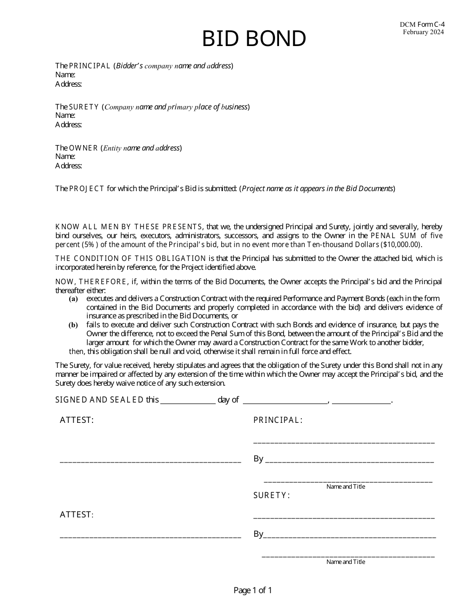 DCM Form C-4 Download Fillable PDF or Fill Online Bid Bond, Alabama ...