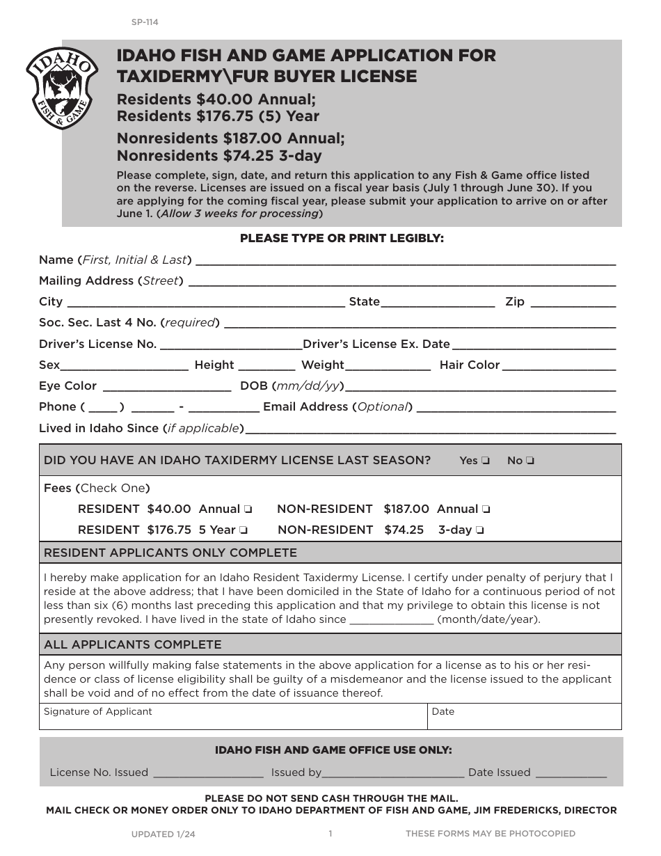 Form SP-114 Download Printable PDF or Fill Online Application for ...