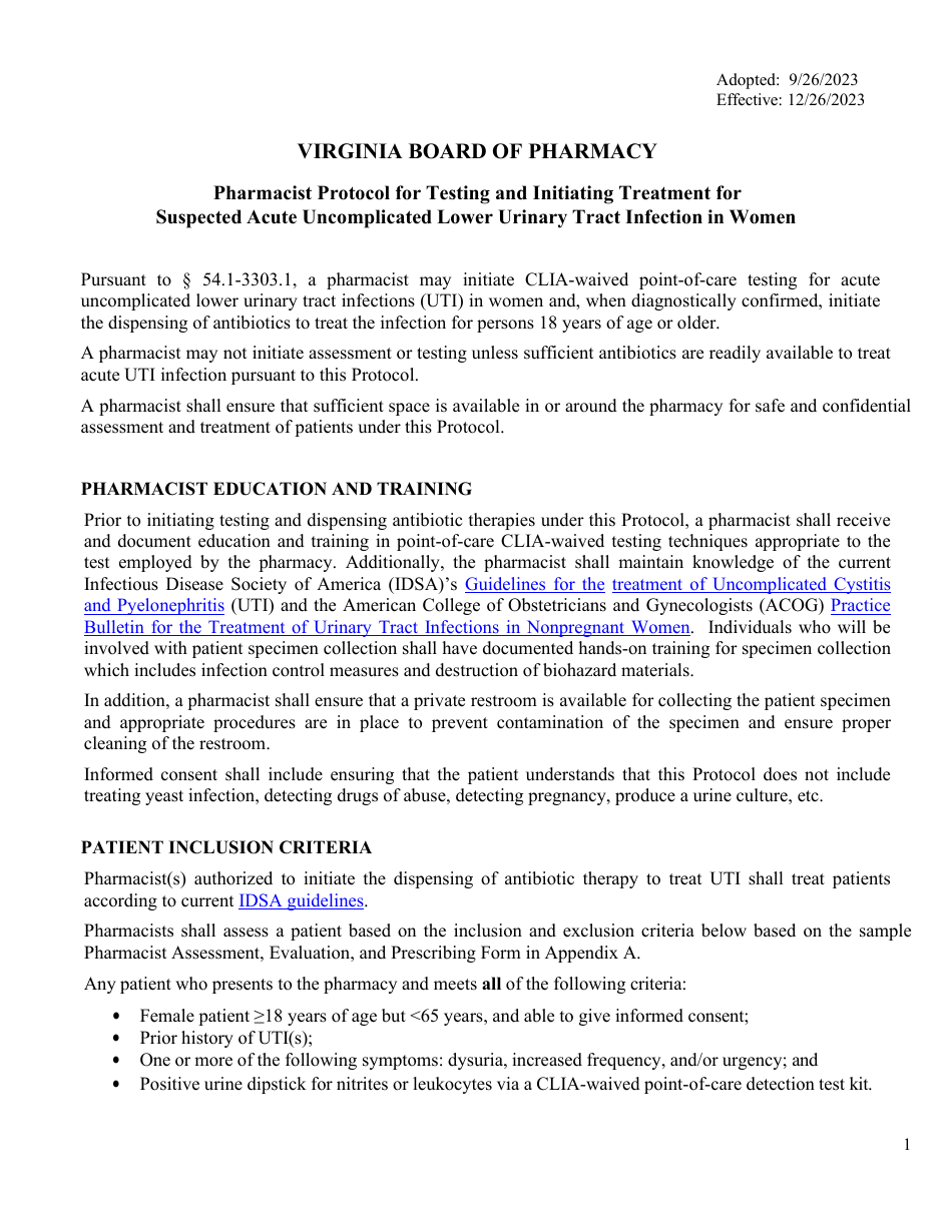 Virginia Acute Uncomplicated Lower Urinary Tract Infection, Women ...