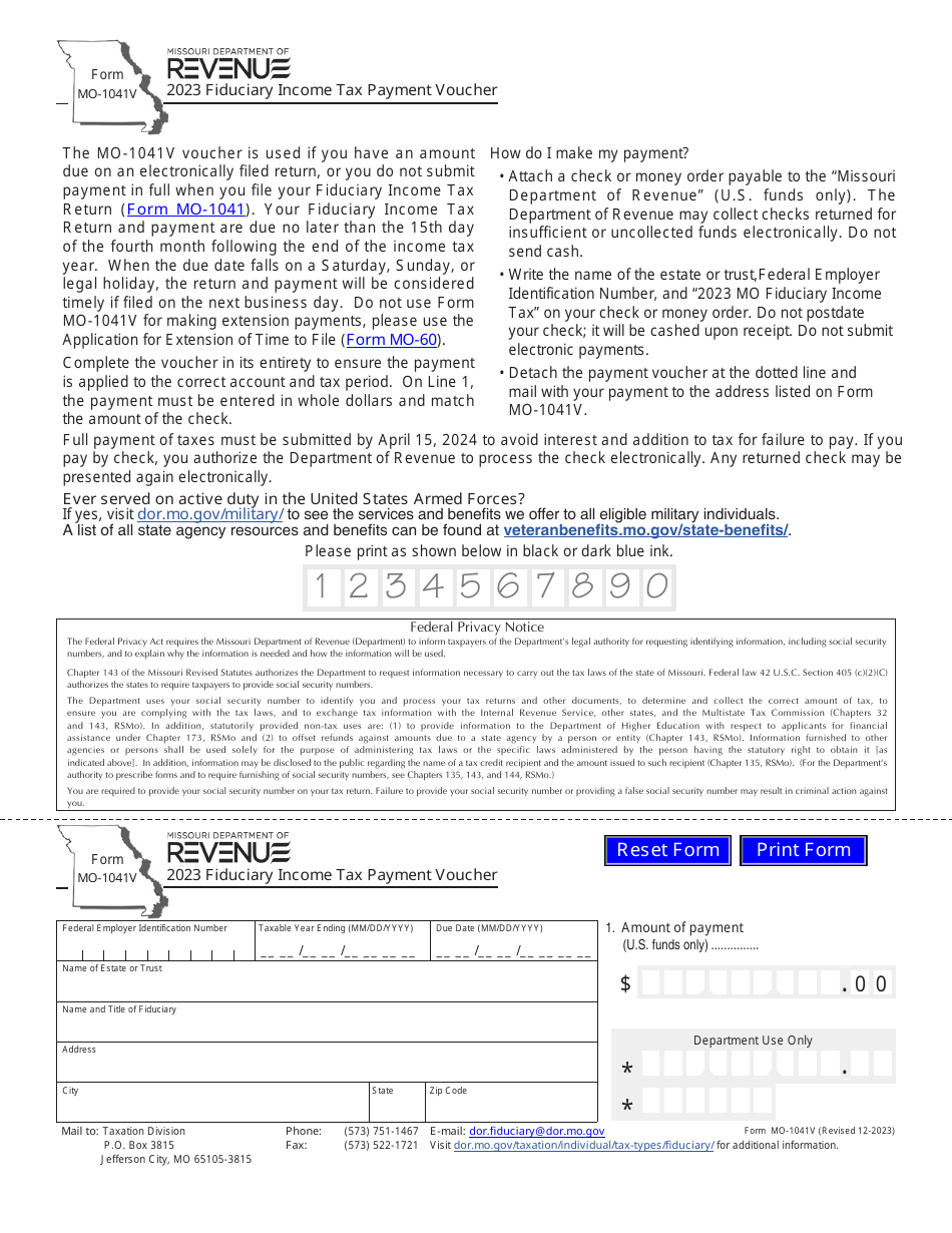 Form MO-1041V Download Fillable PDF or Fill Online Fiduciary Income Tax ...
