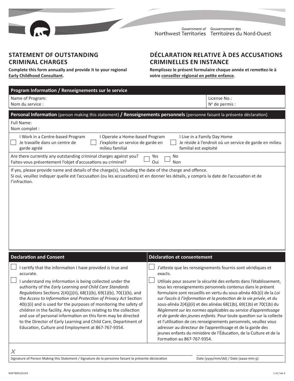 Form NWT8855 - Fill Out, Sign Online and Download Fillable PDF, Northwest Territories Canada ...