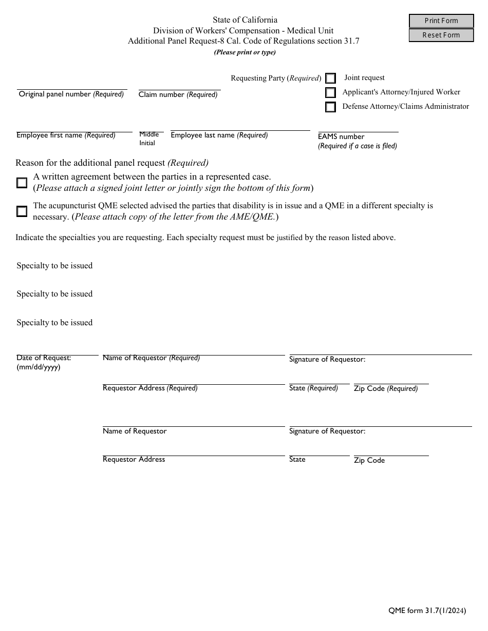 QME Form 31.7 Download Fillable PDF or Fill Online Additional Panel ...