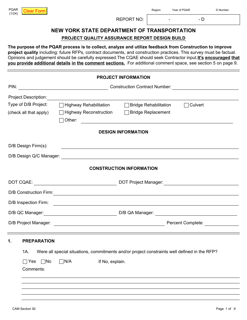 Form PQAR DB Download Fillable PDF or Fill Online Project Quality ...