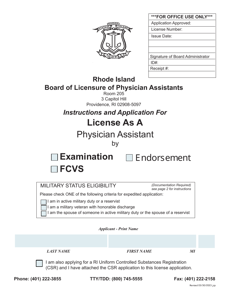 Rhode Island Application for License as a Physician Assistant by Examination/Endorsement/Fcvs ...