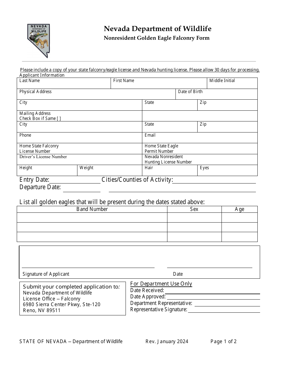 Nevada Nonresident Golden Eagle Falconry Form Download Printable PDF ...