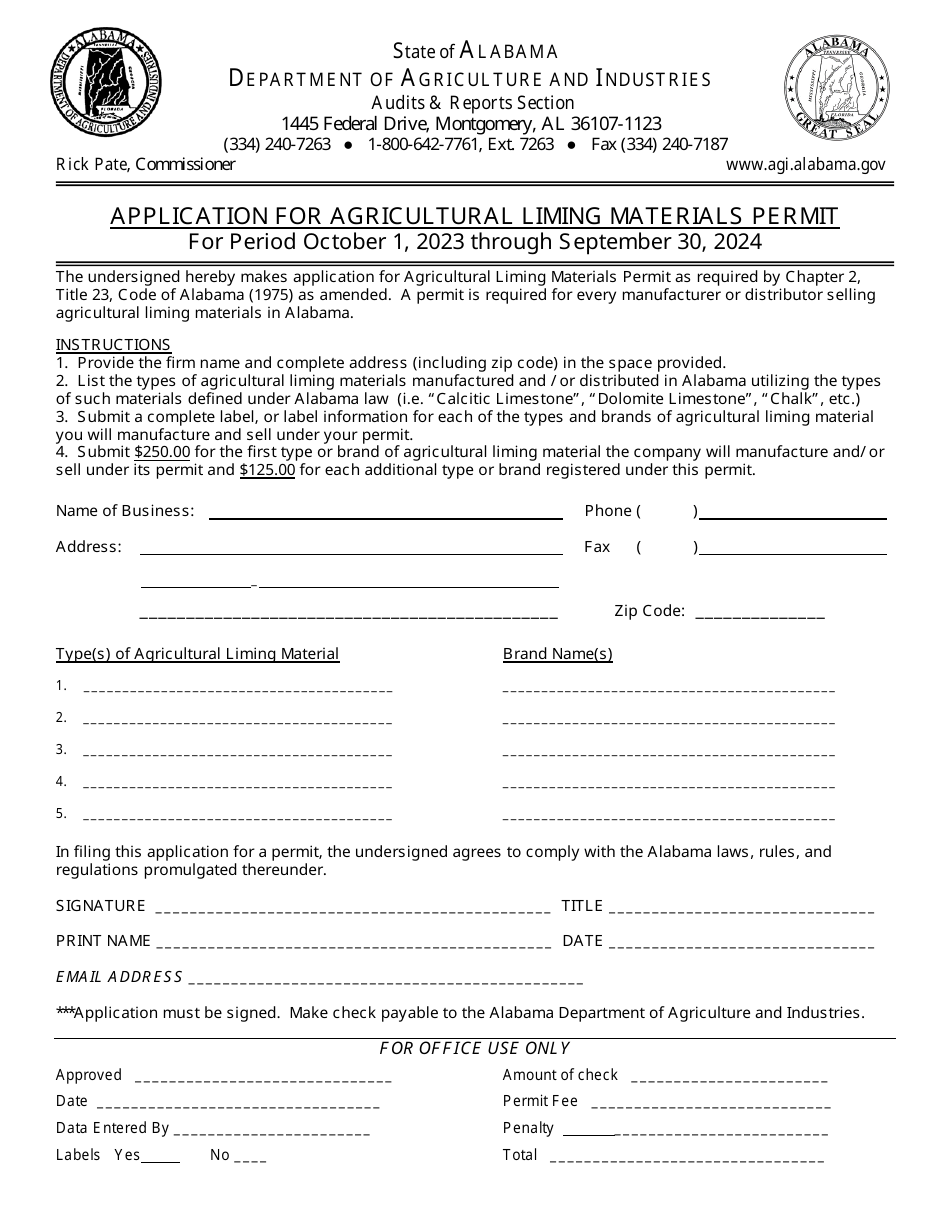 2024 Alabama Application for Agricultural Liming Materials Permit ...
