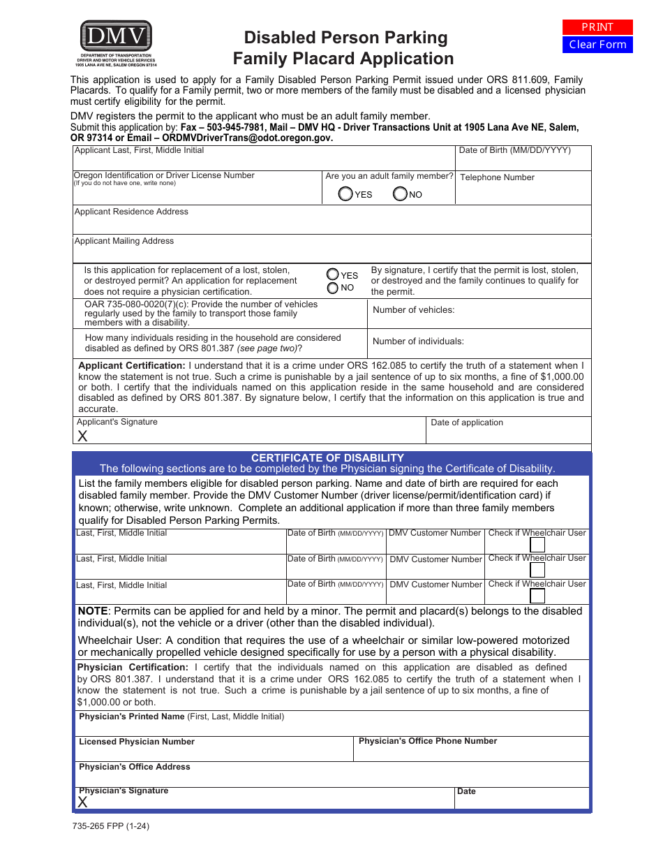 Form 735-265 Download Fillable PDF or Fill Online Disabled Person ...