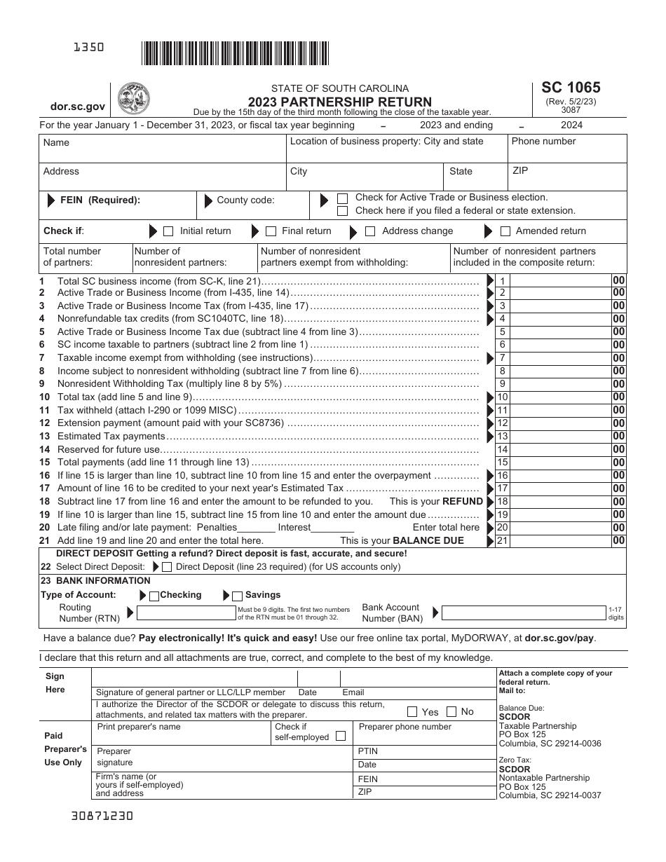 Form SC1065 Download Printable PDF or Fill Online Partnership Return ...