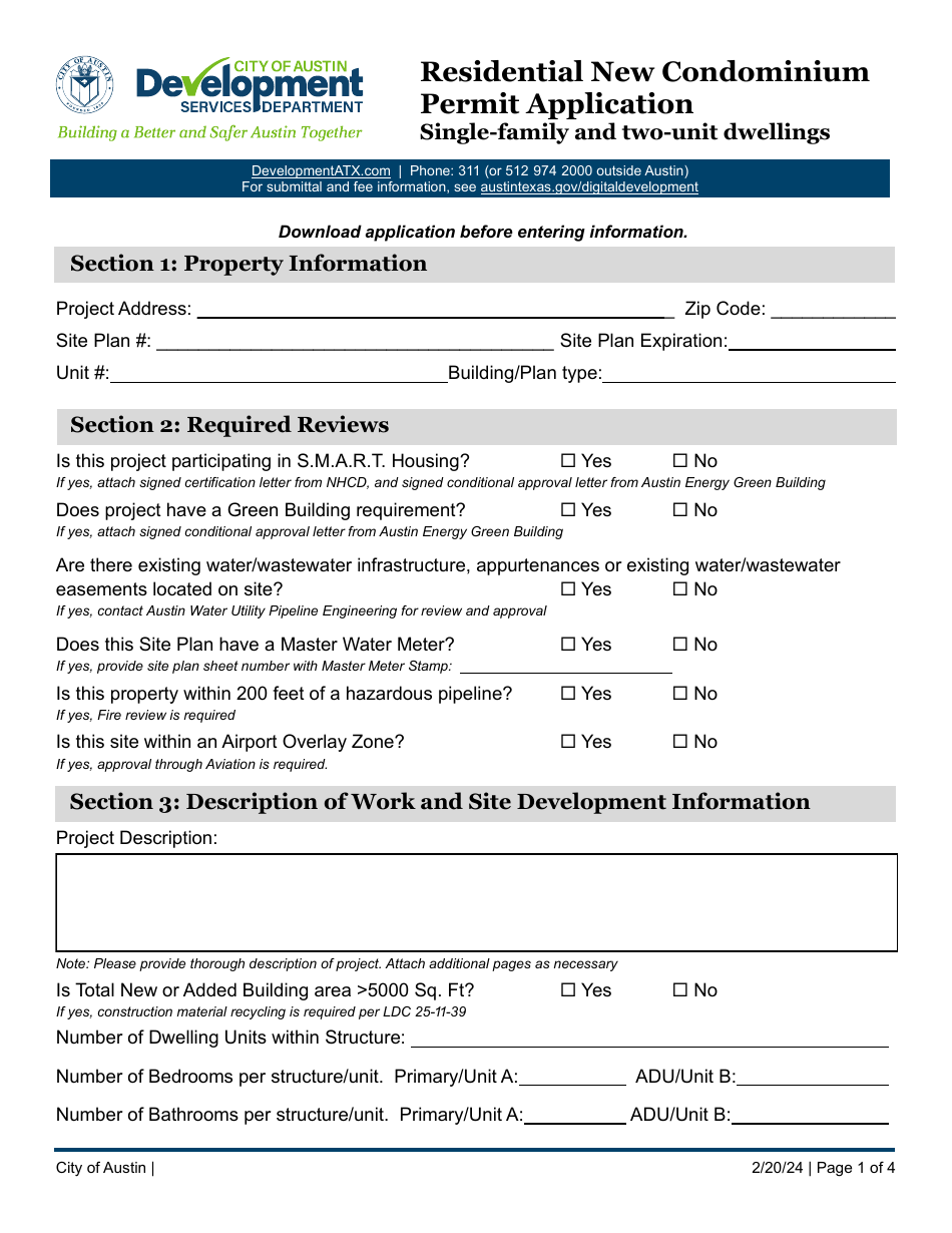 City of Austin, Texas Residential New Condominium Permit Application ...