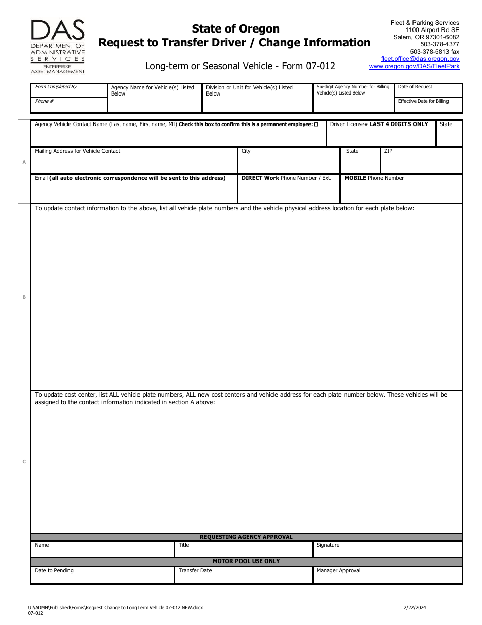 Form 07-012 Download Fillable PDF or Fill Online Request to Transfer ...