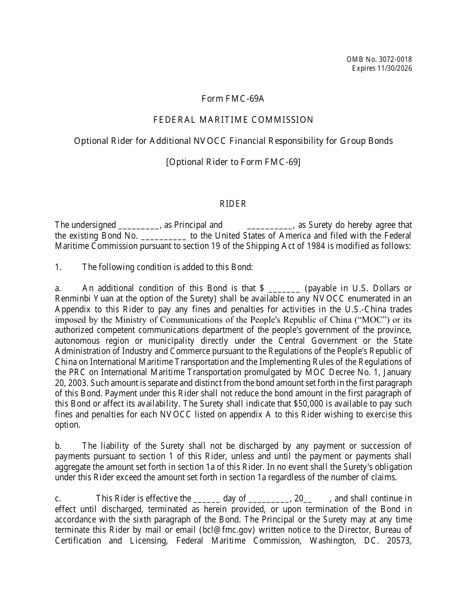 Form FMC-69A - Fill Out, Sign Online and Download Printable PDF ...