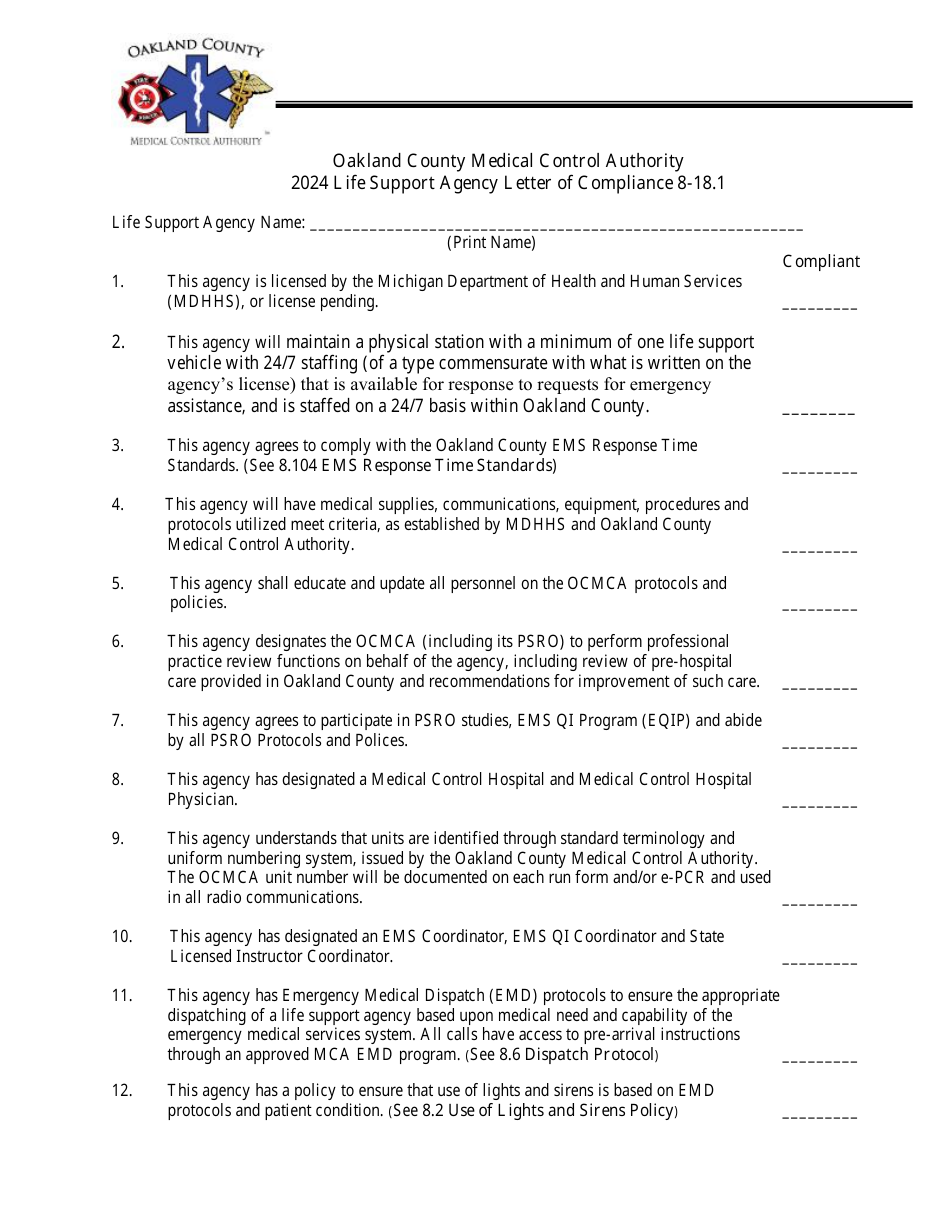 2024 Oakland County, Michigan Life Support Agency Letter of Compliance ...