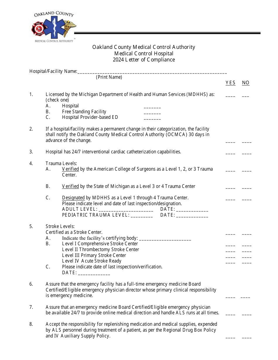 2024 Oakland County, Michigan Medical Control Hospital Letter of ...