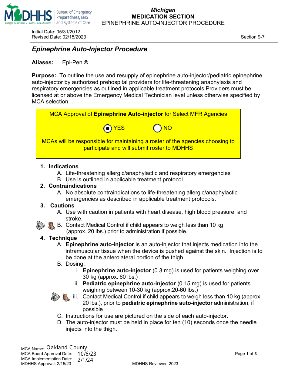 Oakland County, Michigan Epinephrine Auto-injector Procedure - Fill Out ...