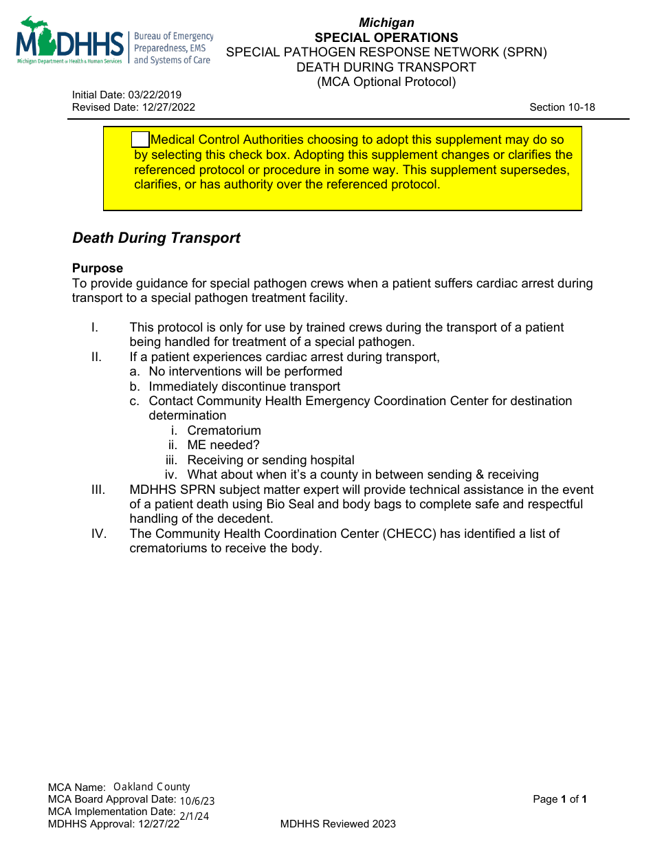 Oakland County, Michigan Special Pathogen Response Network (Sprn) Death ...