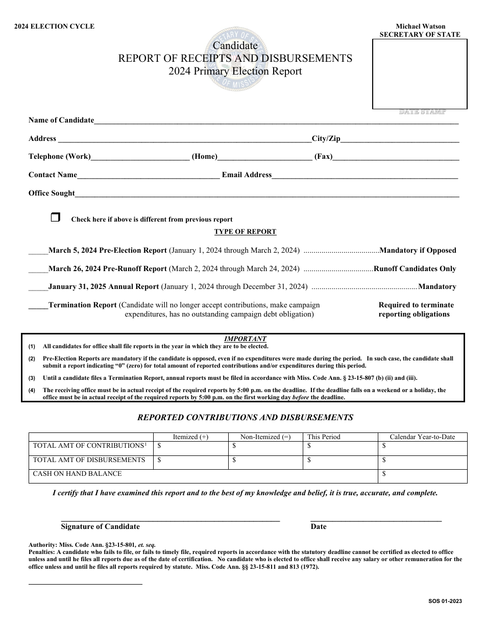 2024 Mississippi Primary Election Report for Candidate - Fill Out, Sign ...