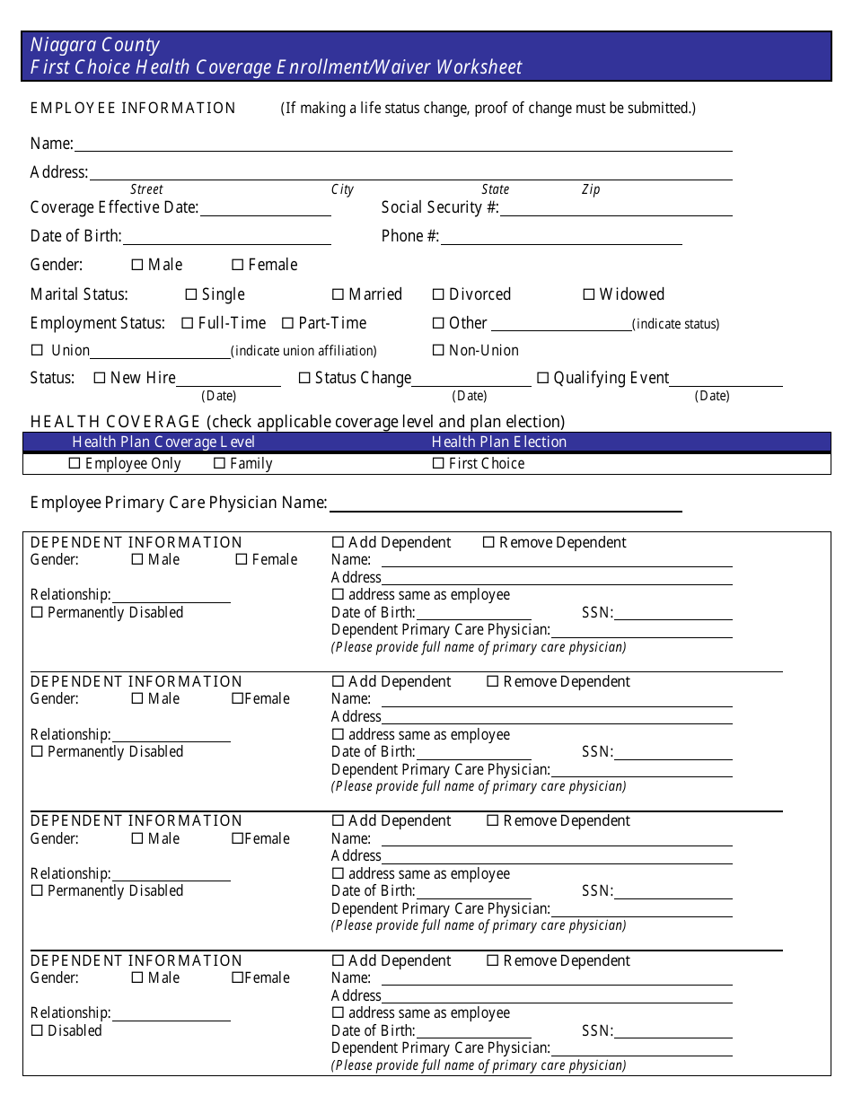 Niagara County, New York First Choice Health Coverage Enrollment/Waiver ...