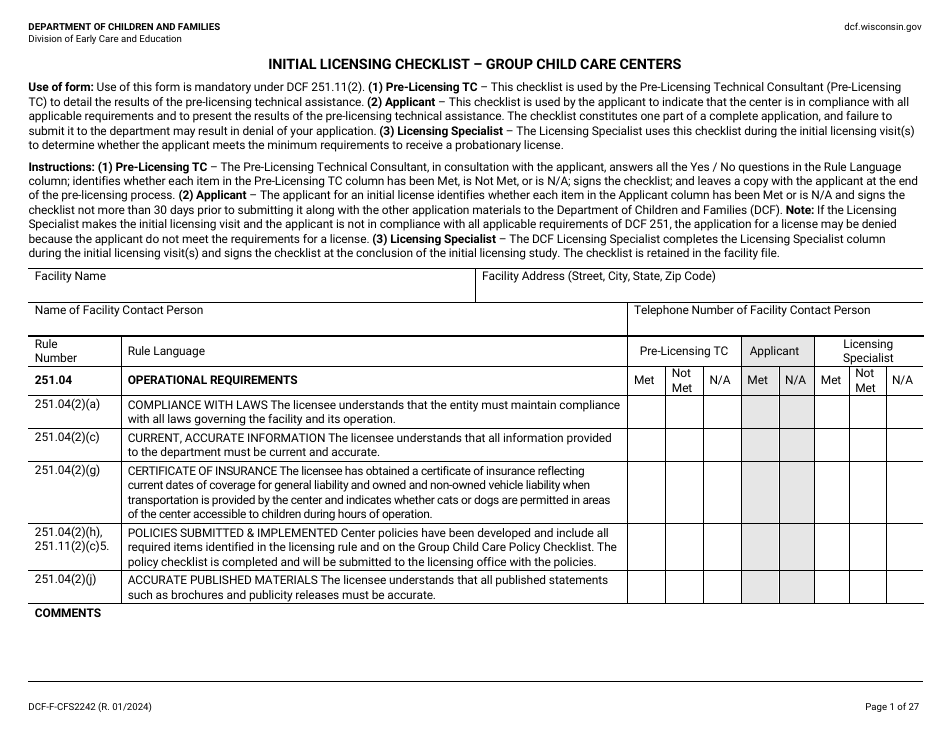Form DCF-F-CFS2242 Download Printable PDF or Fill Online Initial ...