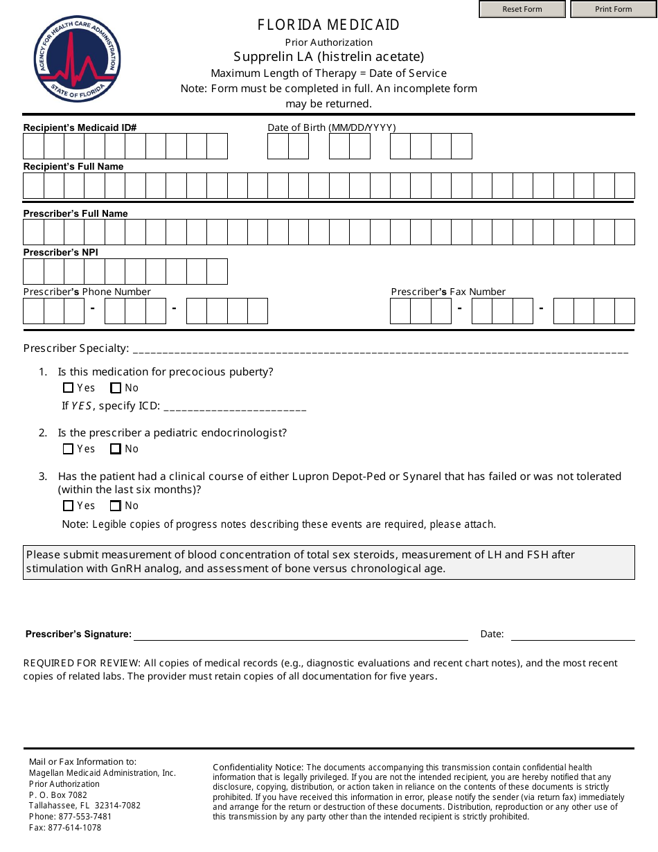 Florida Florida Medicaid Prior Authorization - Supprelin La (Histrelin ...