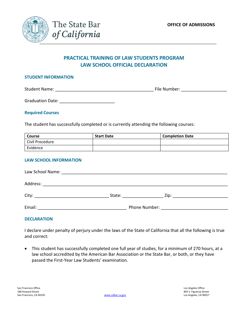 California Law School Official Declaration - Practical Training of Law ...