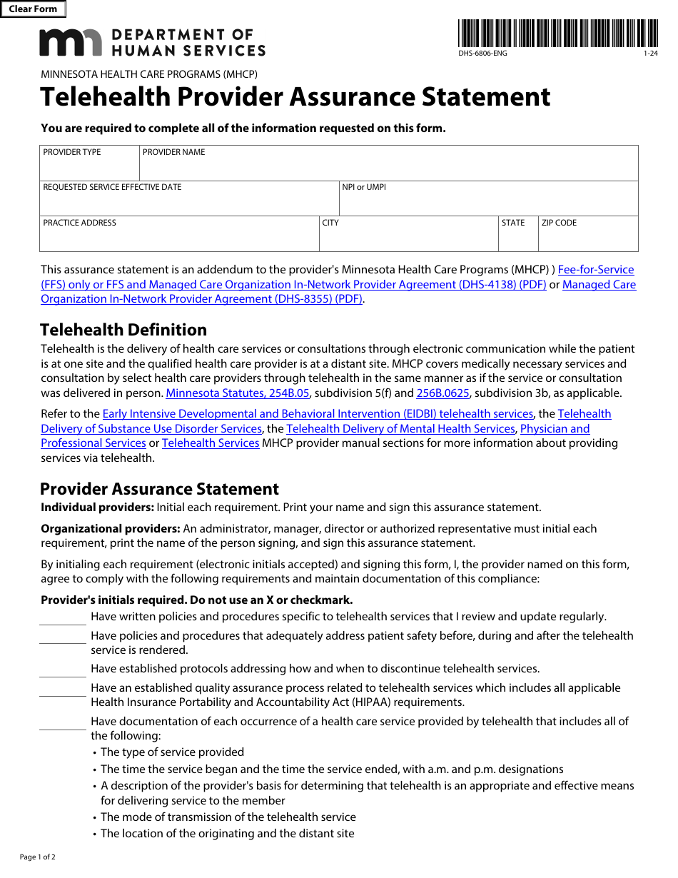 Form DHS-6806-ENG Download Fillable PDF or Fill Online Telehealth ...