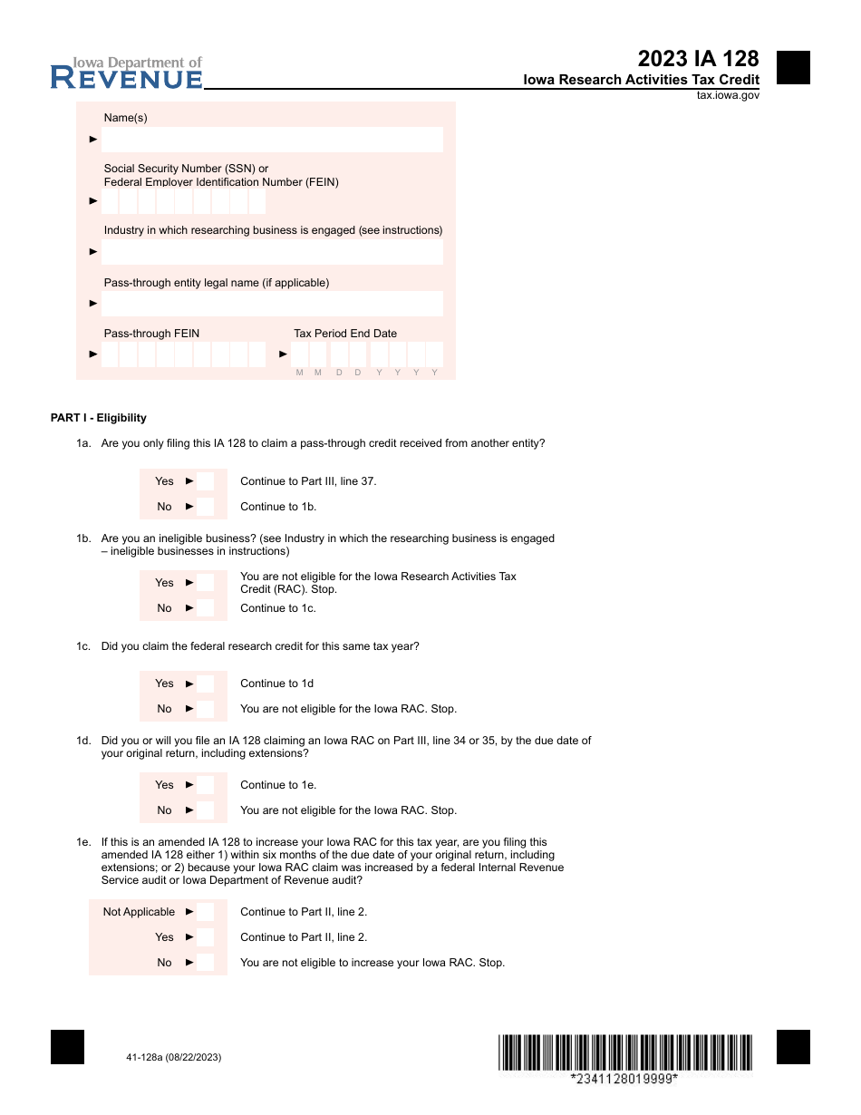 Form IA128 (41-128) Download Fillable PDF or Fill Online Iowa Research ...