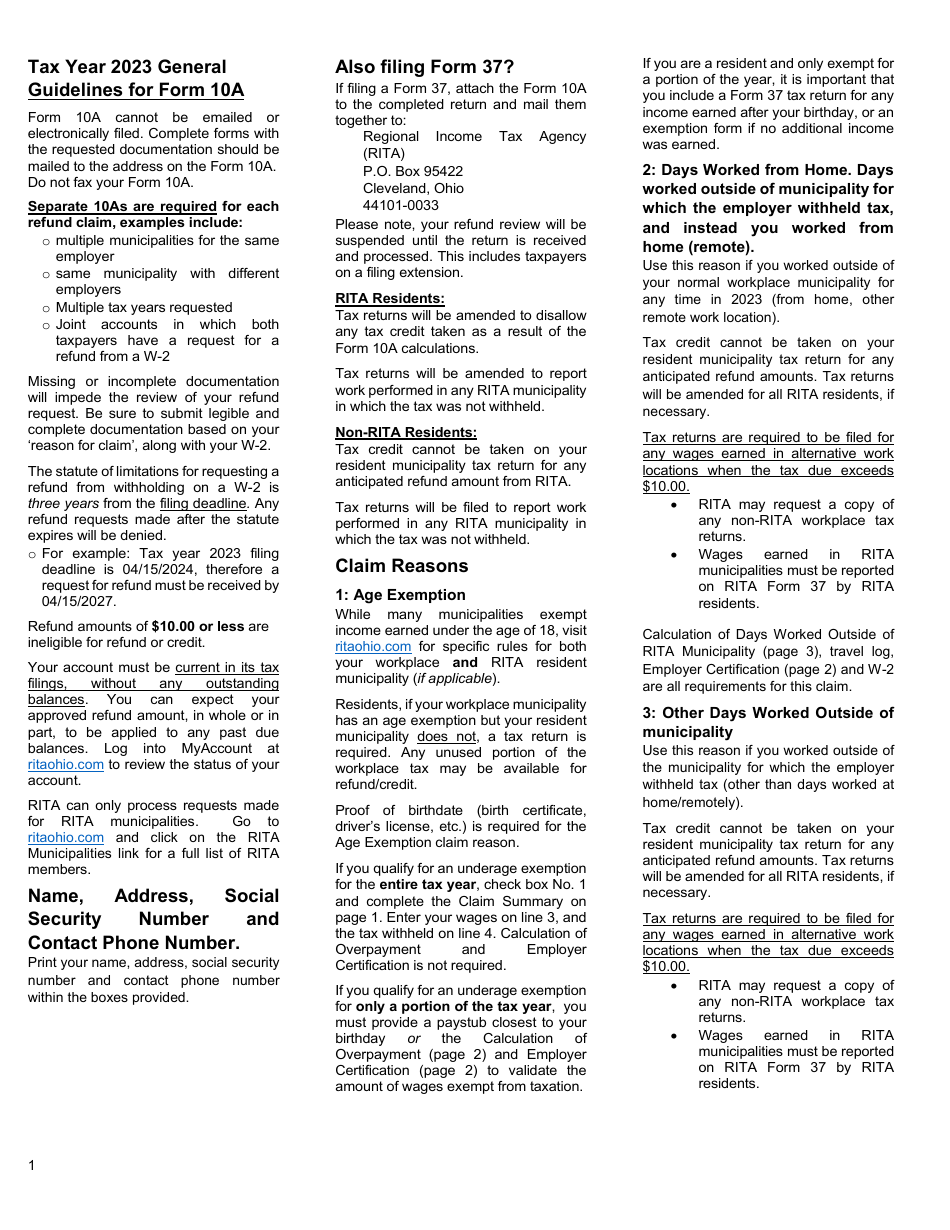 Download Instructions for Form 10A Application for Municipal Income Tax ...