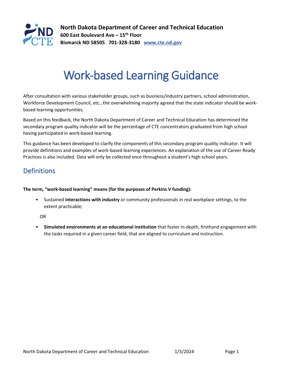 North Dakota Work-Based Learning Guidance - Fill Out, Sign Online and Download PDF | Templateroller
