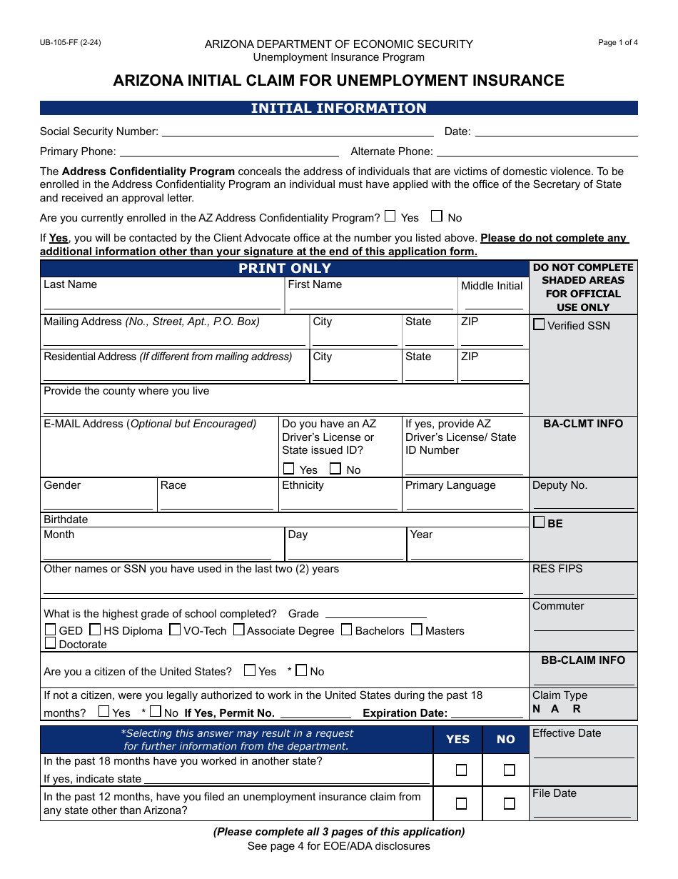 Form UB-105 Download Fillable PDF or Fill Online Arizona Initial Claim ...