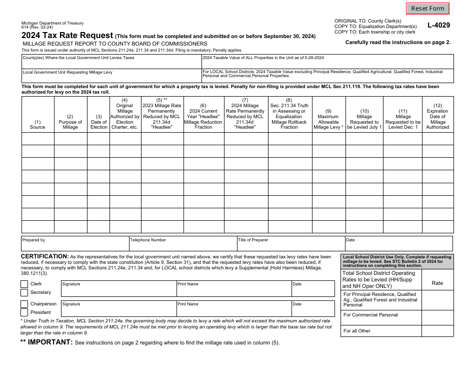 Form 614 (L-4029) Download Fillable PDF or Fill Online Tax Rate Request ...