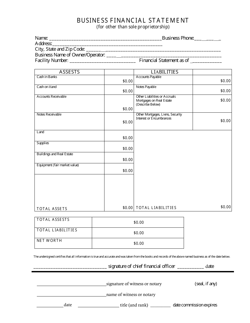 Montana Business Financial Statement (For Other Than Sole ...